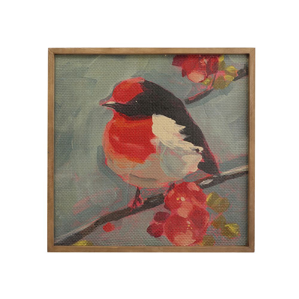 Red Bird on Branch Wood Framed Wall Art