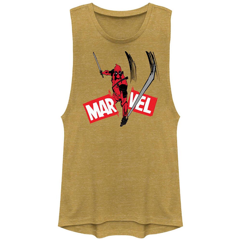 Juniors' Marvel Deadpool And Wolverine Logo Slash Graphic Muscle Tank Top