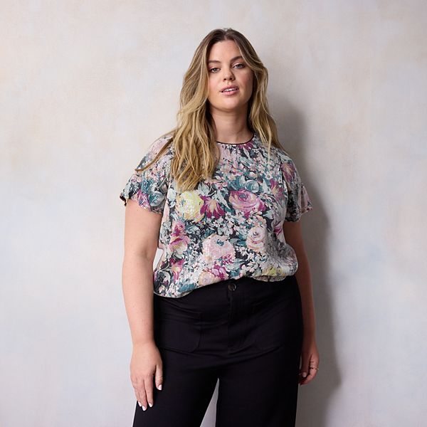 Plus Size LC Lauren Conrad Woven Crew Neck Tee Top