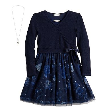 Girls 7-16 Knit Works Long Sleeve Front Wrap Dress with Necklace