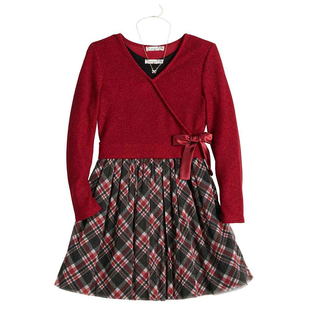 Girls 7-16 Knit Works Long Sleeve Front Wrap Dress with Necklace