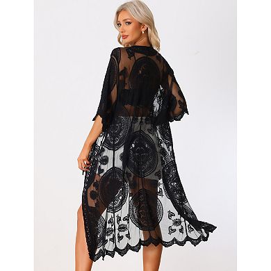 Women's Summer Swimsuit Cover Up Kimono Long Beach Floral Lace Bikini ...