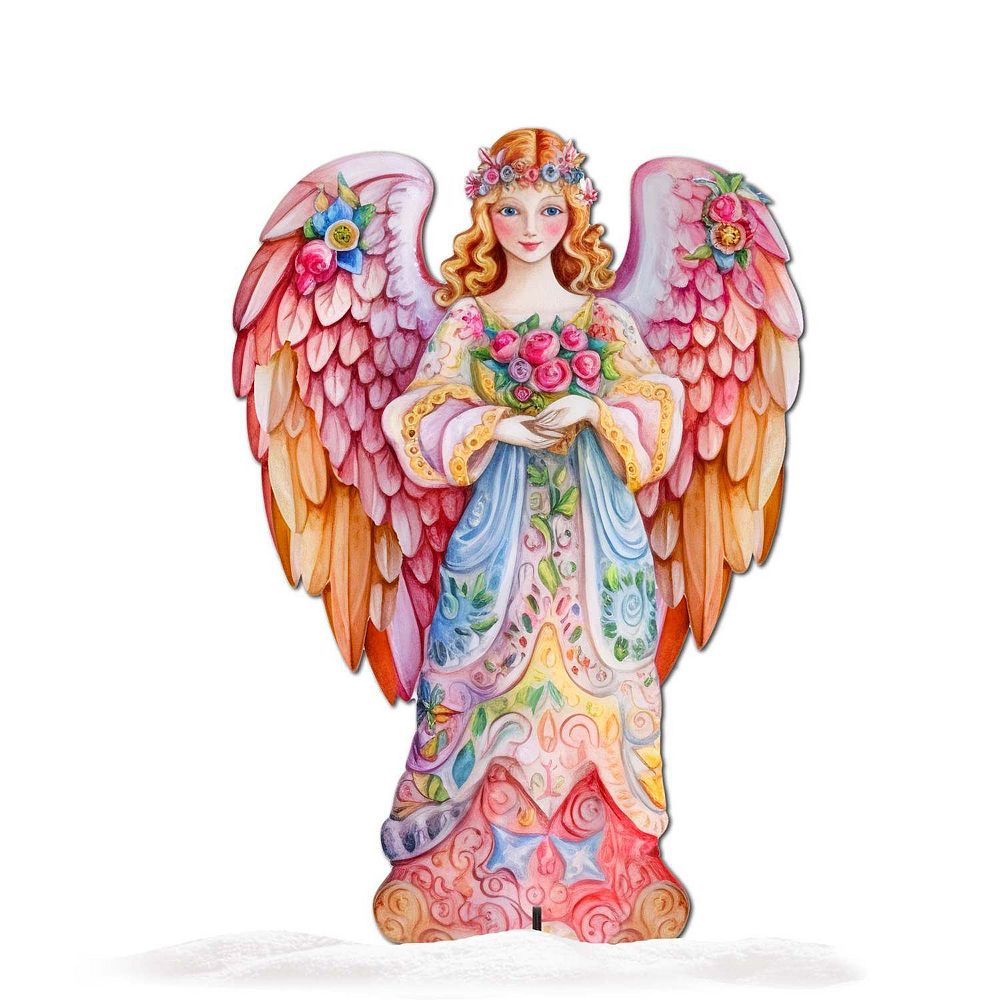 48-Inch Pink Floral Angel Outdoor Unique Handcrafted Wooden Decor for ...