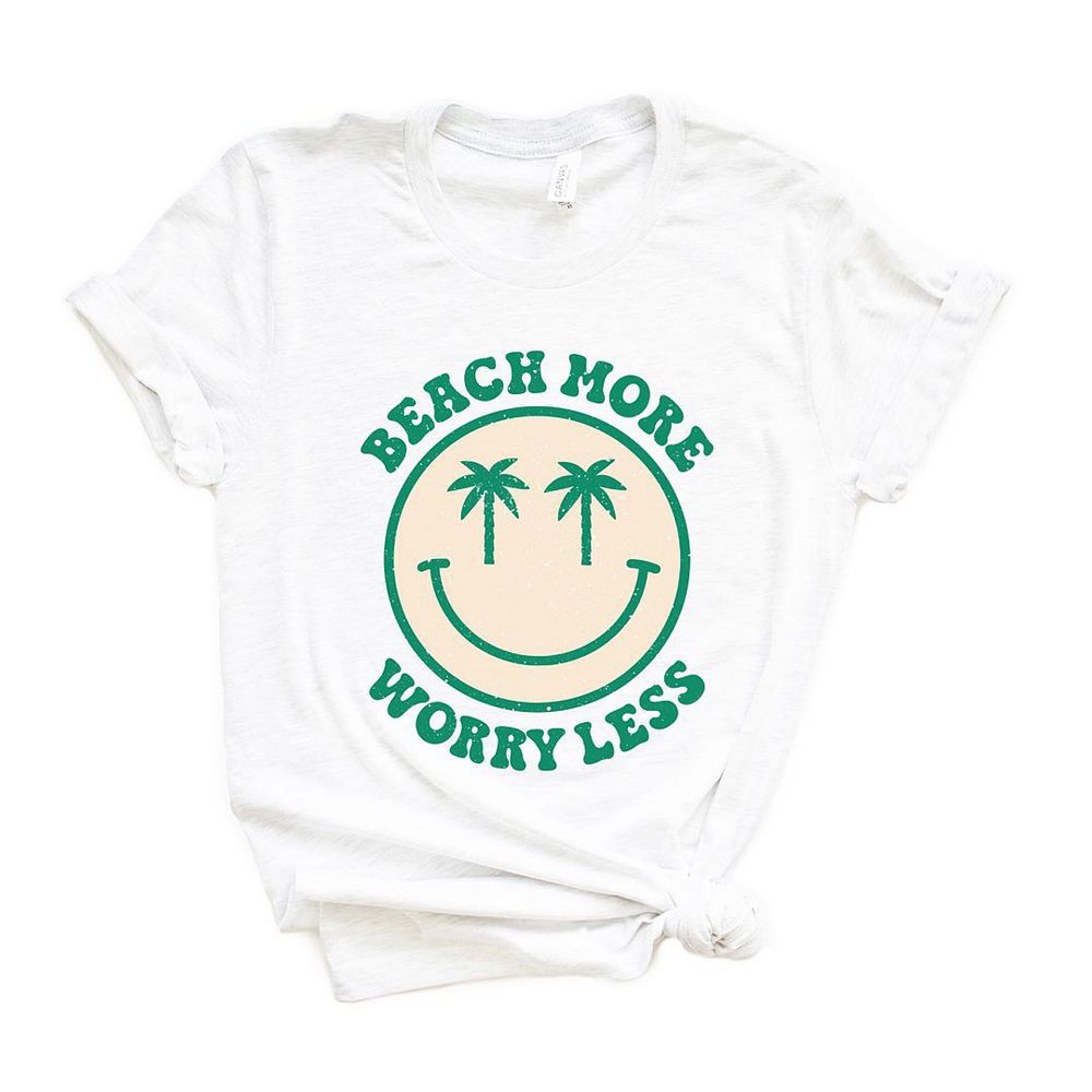 Beach More Worry Less Smiley Face Short Sleeve Graphic Tee