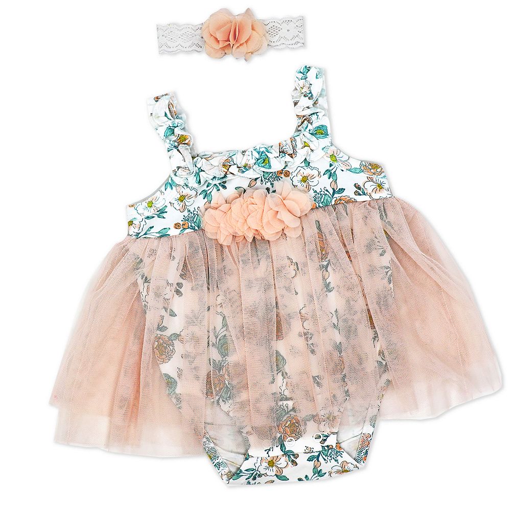 Baby Girls 2 Piece Peach Floral Romper With Tulle Over Skirt And ...