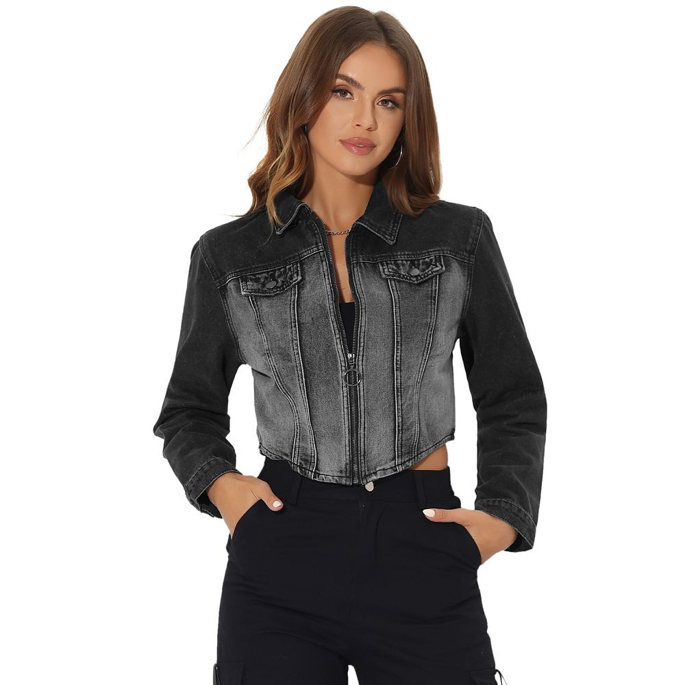 Denim Crop Jacket For Women's Casual Zip Up Washed Jean Jackets