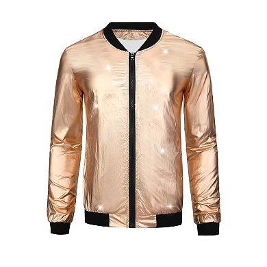 Metallic Jacket for Men's Zipper Up Shiny Party Bomber Varsity Jackets