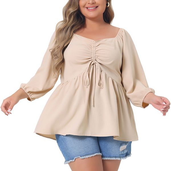 Plus Size Sweetheart Neck Drawstring Ruched 3/4 Sleeve Peplum Blouse Tops