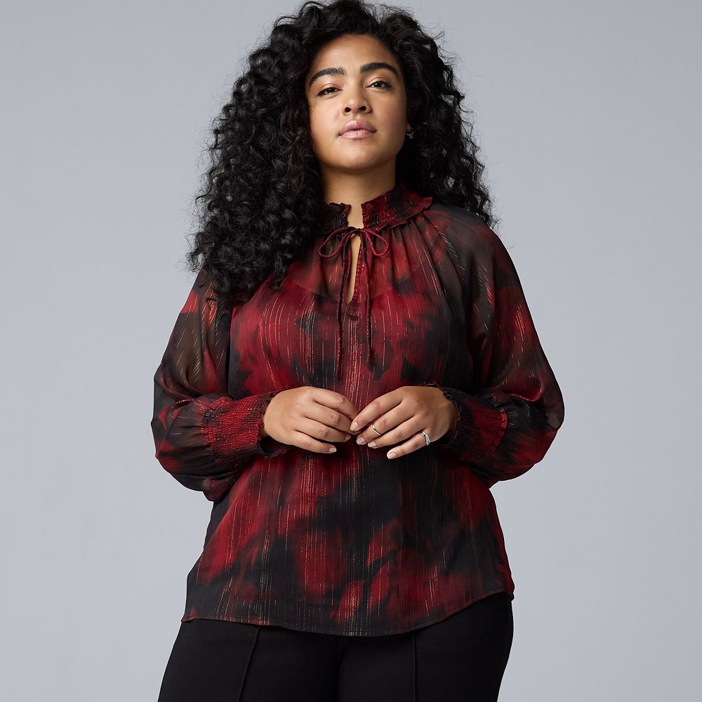 Plus Size Simply Vera Vera Wang Tie Neck Smocked Blouse