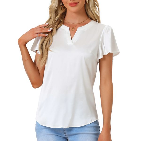Women's Work Office Top Ruffle Short Sleeve Notch V Neck Elegant Satin ...
