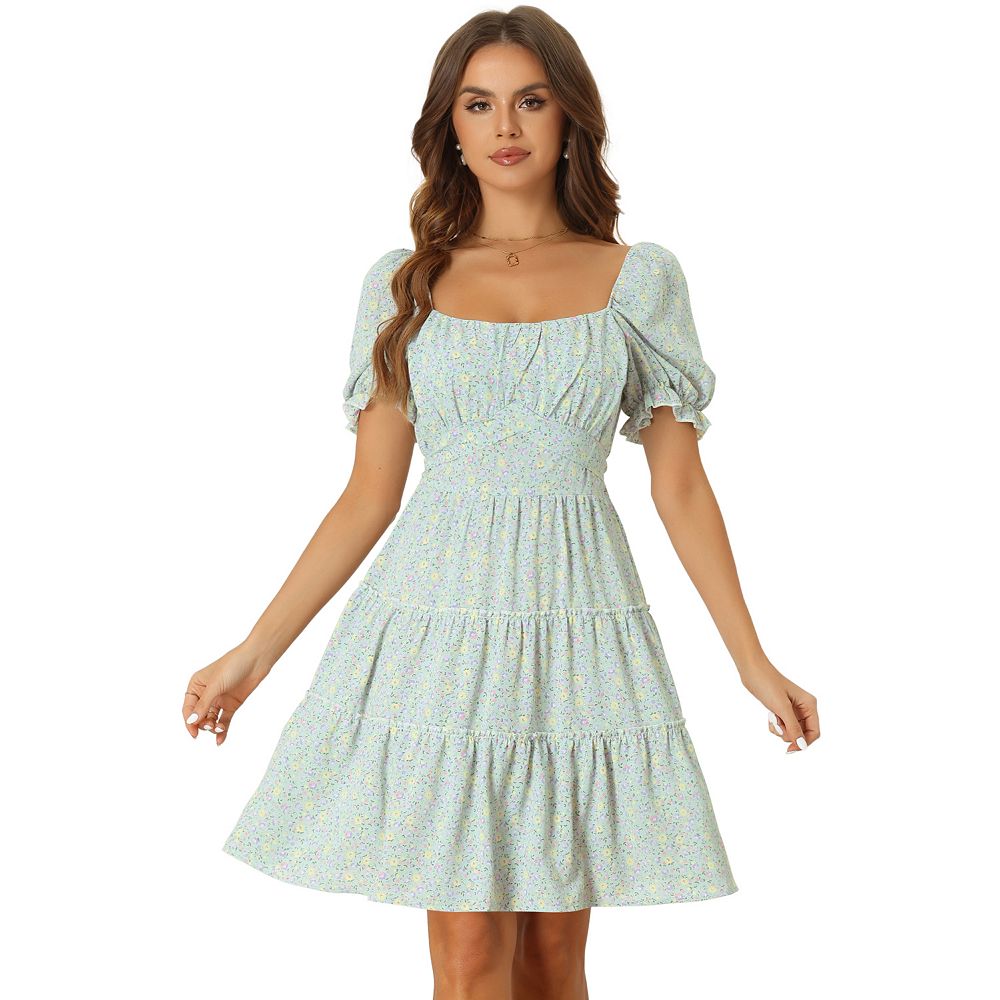 Women's Summer Tiered Floral Square Neck Puffy Sleeve Tie Back Flowy ...