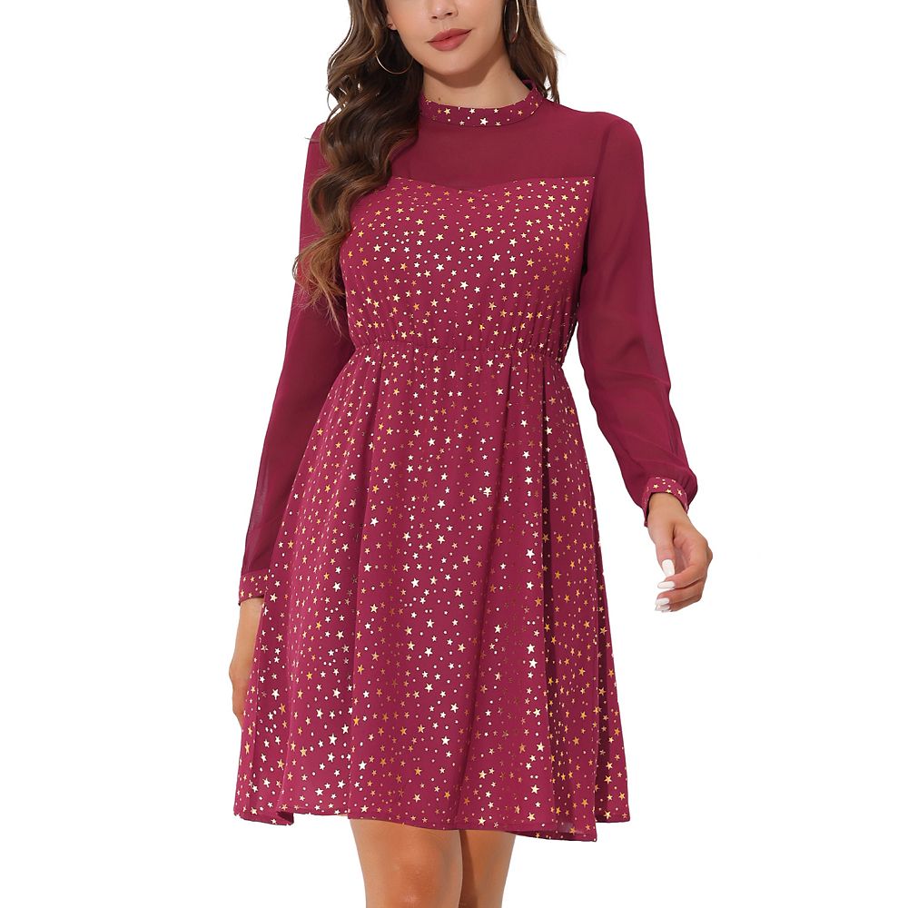 Women's Stand Collar Vintage Flared Gilding Metallic Shiny Star A-Line ...