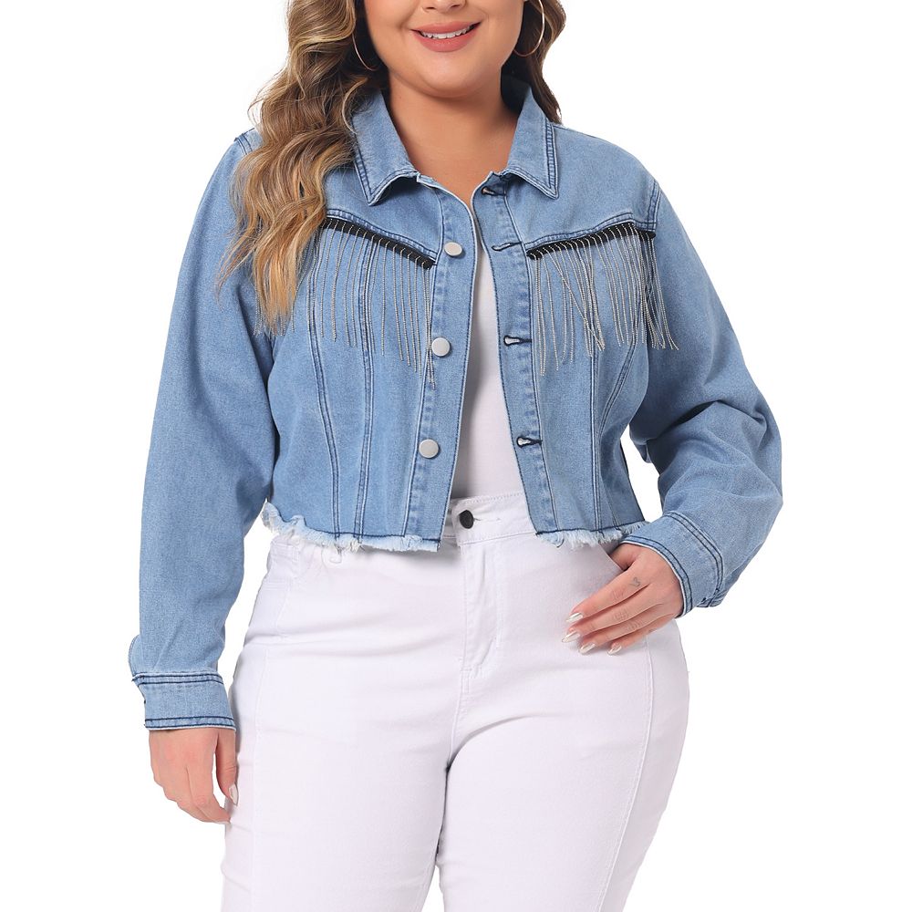 Plus Size Cropped Denim Jacket For Women Frayed Hem Tassel Button