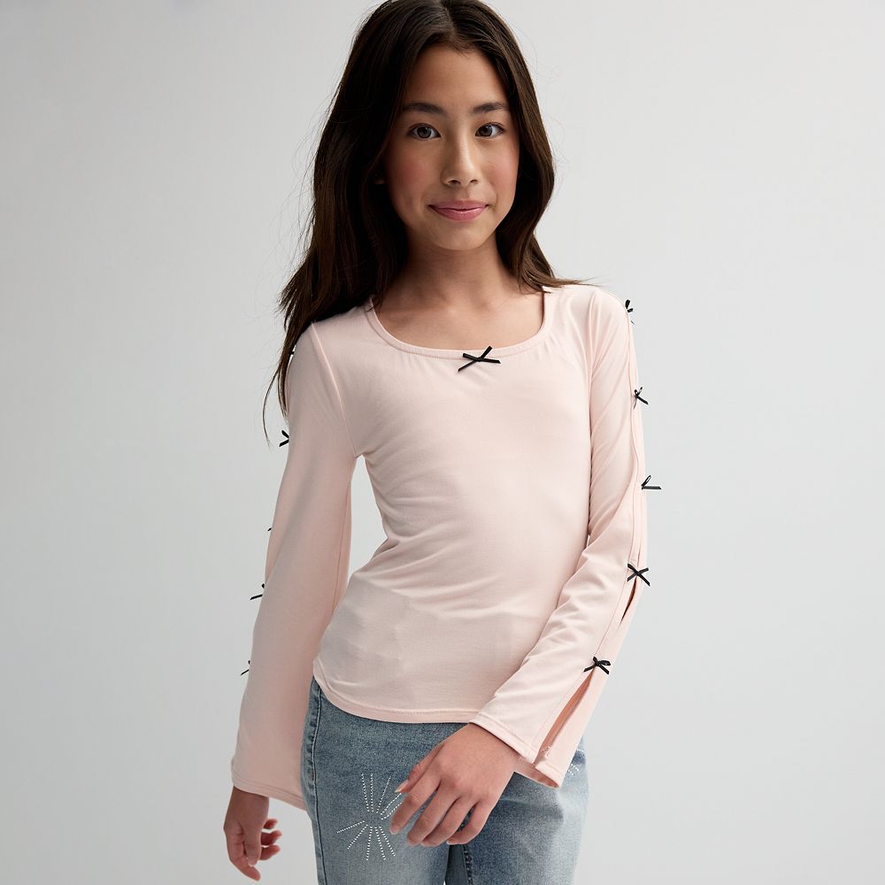 Girls 7-16 IZ Byer Long Sleeve Solid Scoop Neck Slit Sleeve Top