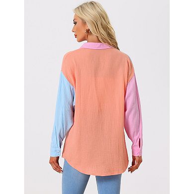 Women's Color Block Button Down Shirt Long Sleeve Oversized Boyfriend ...