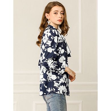 Women's Bow Tie Long Sleeve Contrast Color Vintage Floral Blouse