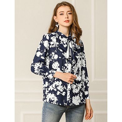 Women's Bow Tie Long Sleeve Contrast Color Vintage Floral Blouse