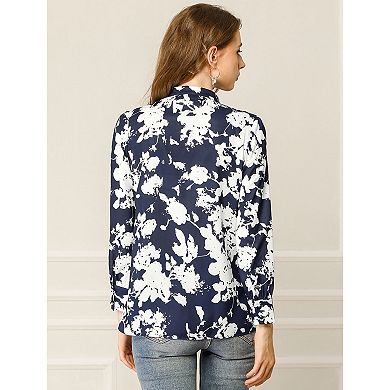 Women's Bow Tie Long Sleeve Contrast Color Vintage Floral Blouse