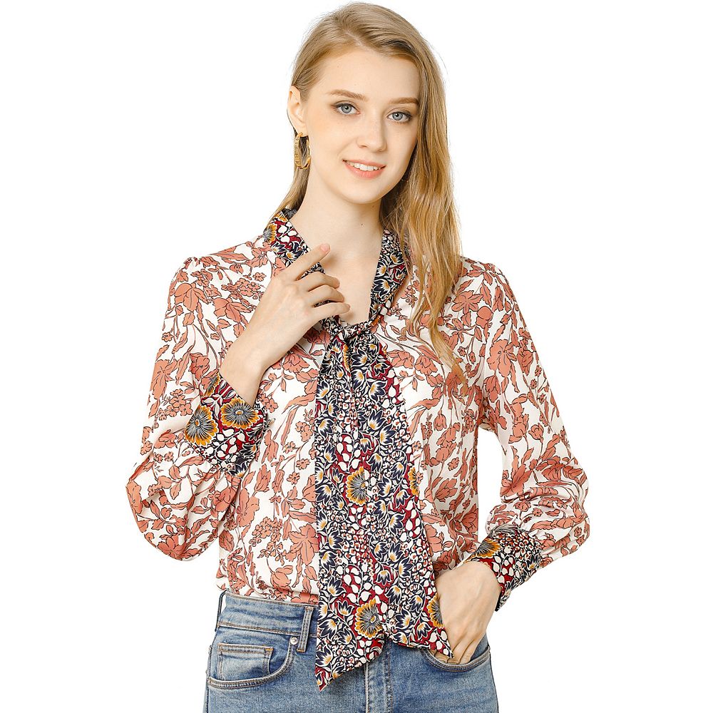 Women's Bow Tie Long Sleeve Contrast Color Vintage Floral Blouse