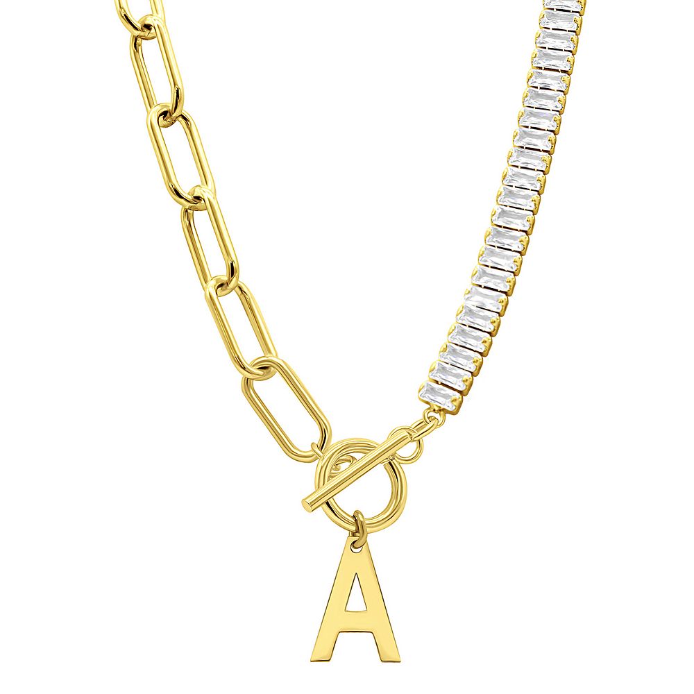 Adornia Gold Tone Half Crystal & Half Paperclip Initial Toggle Necklace