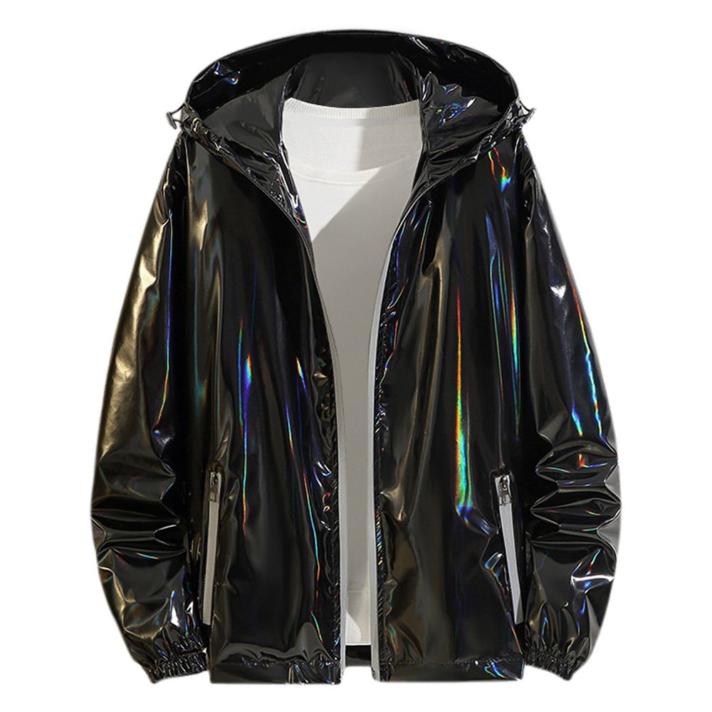 Metallic Jacket For Men's Solid Zipper Sparkle Shiny Holographic Hooded ...