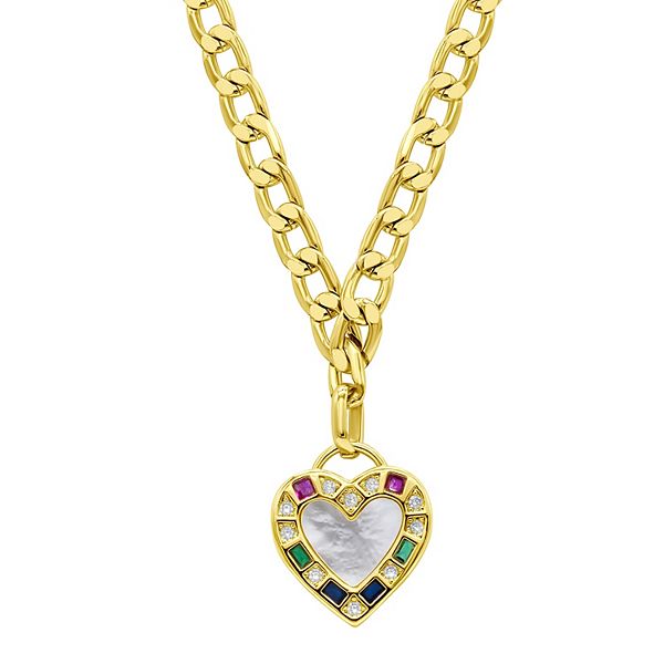 Adornia 14k Gold Plated Figaro Chain Mother Of Pearl Heart Necklace