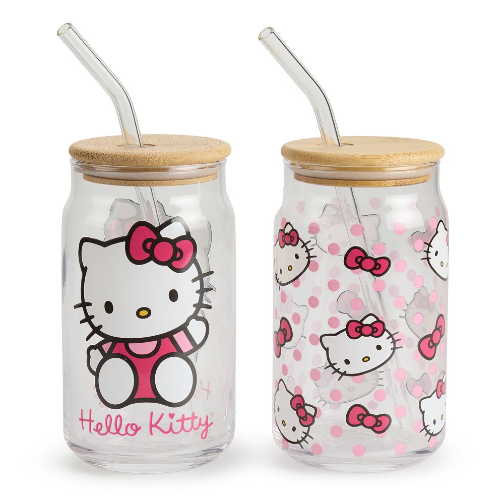 Hello Kitty 2pk 16oz Glass Tumbler with Bamboo Lid and Glass Straw Set