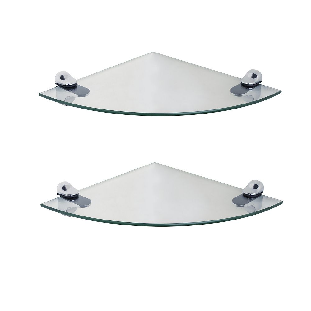 Set Of 2 Clear Glass Radial Floating Shelves With Chrome Brackets 10 X 10"