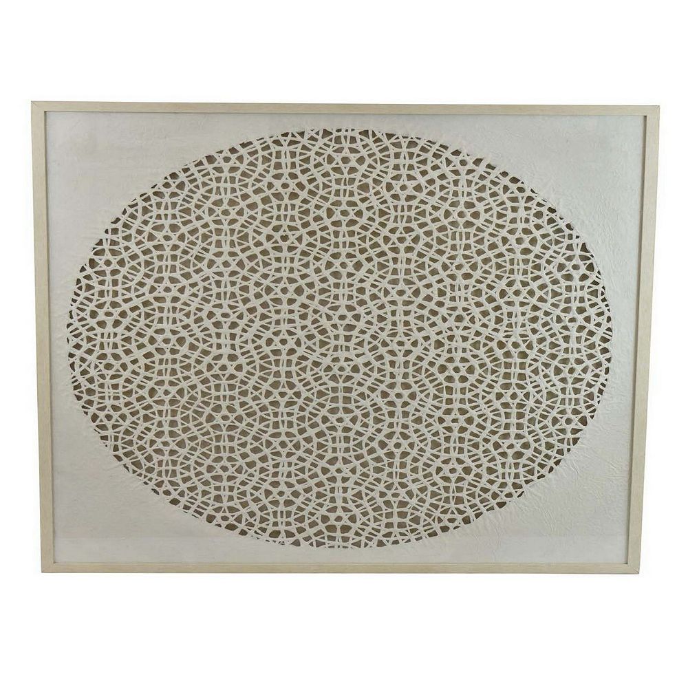 40 Inch Wall Art Decor, Carved Cutout Design, Natural Fiber, Gray Frame