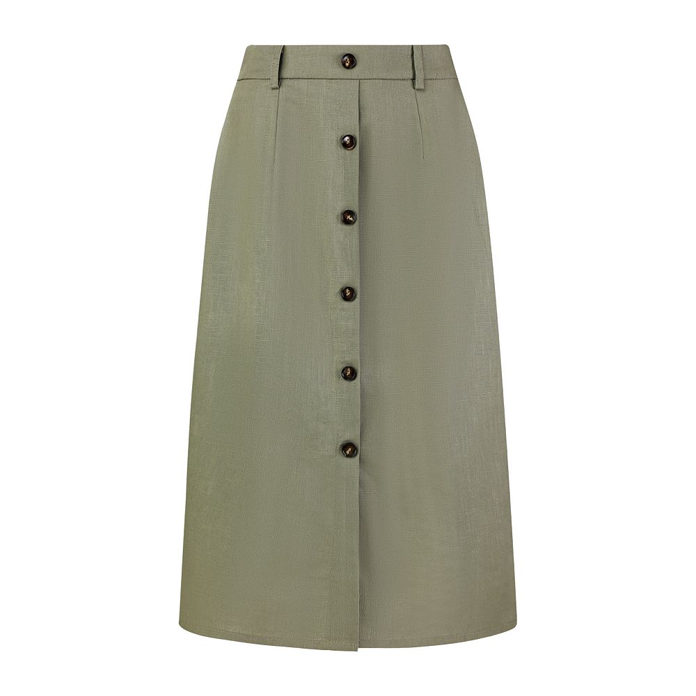 Women's Linen Skirt High Waist Knee Length Button Front Office Pencil ...