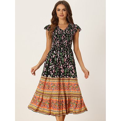 Women's Midi Ruffled Flutter Sleeve Smocked Boho Floral Dress