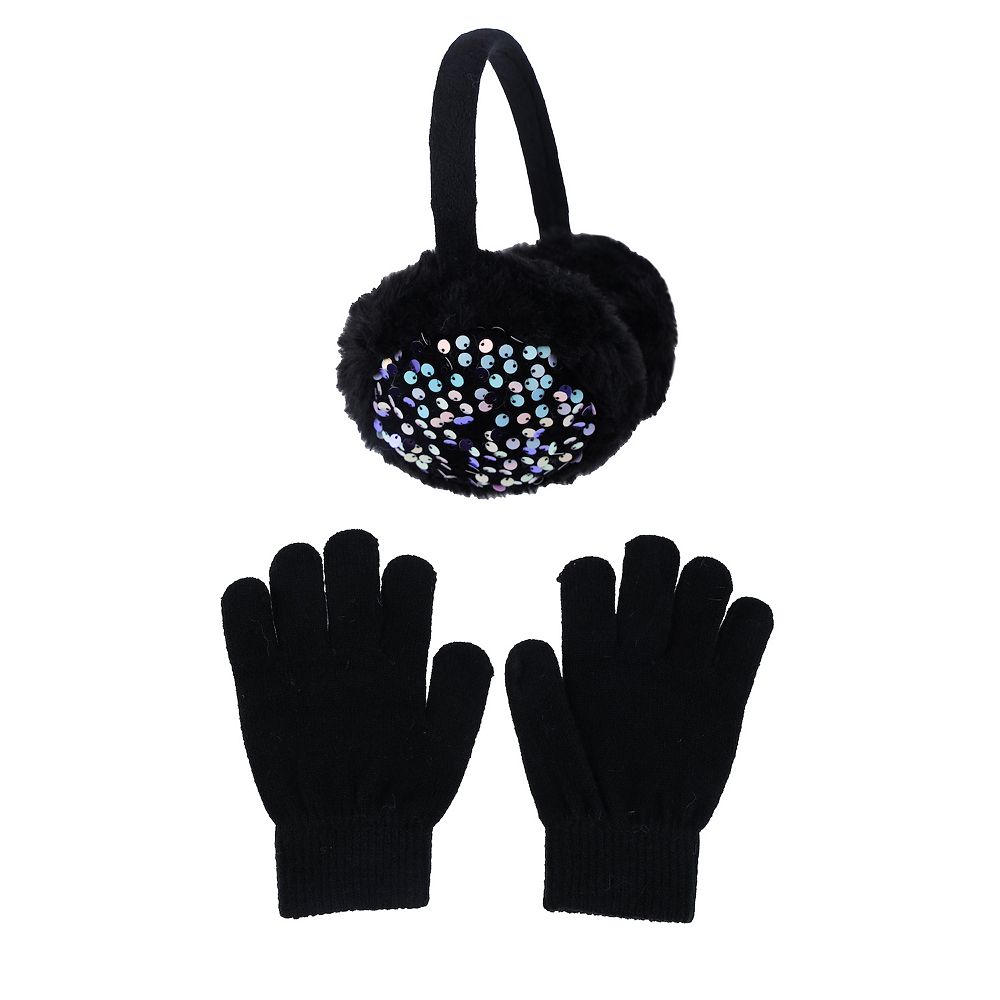 Girls Elli by Capelli Faux-Fur Sequin Adjustable Halo Earmuff & Glove Set