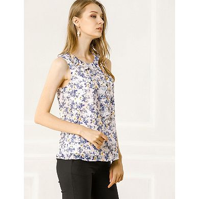 Women's Floral Blouse Ruffle Round Neck Cami Tank Chiffon Sleeveless Top