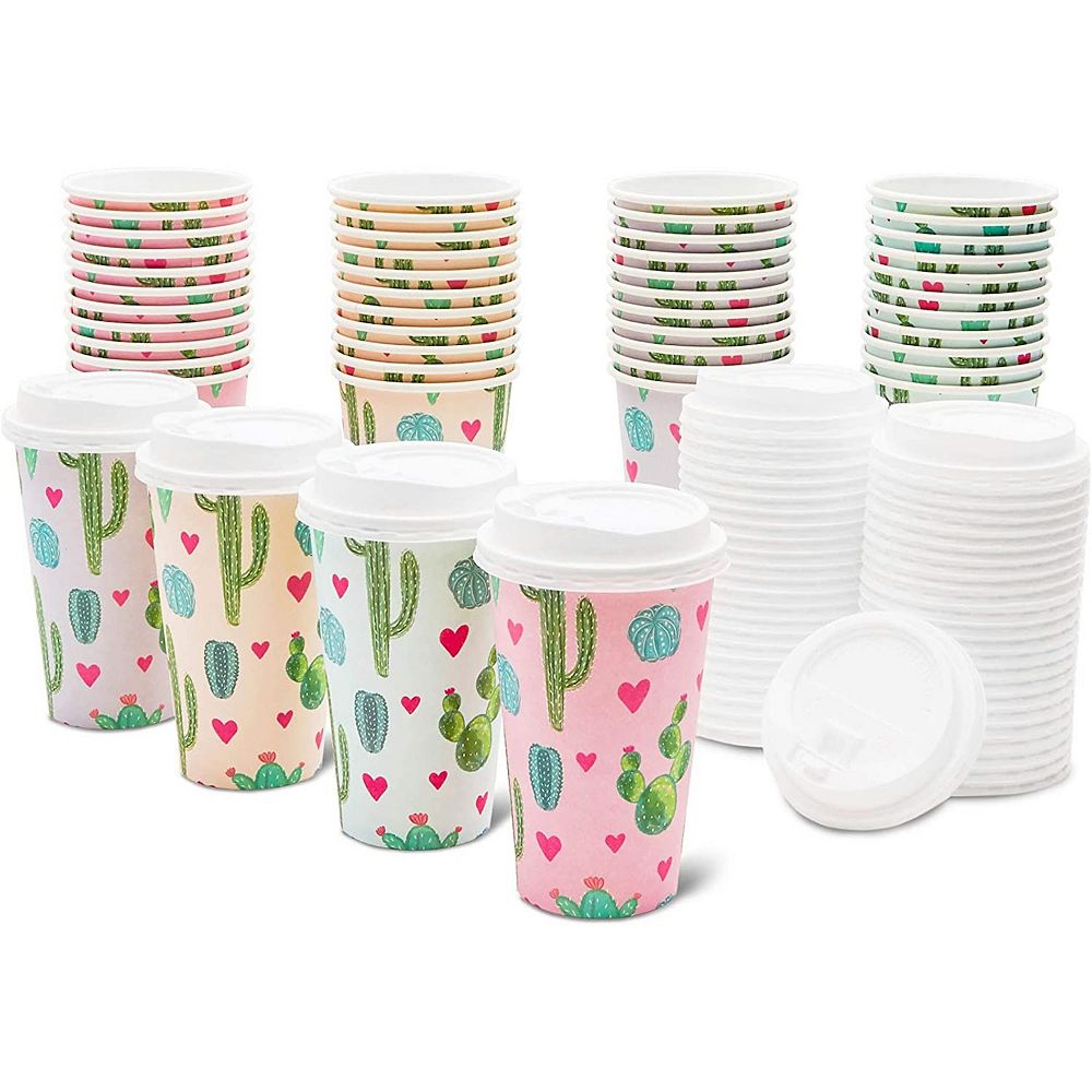 48x Cute Cactus Insulated Disposable Paper Coffee Cups With Lids For ...