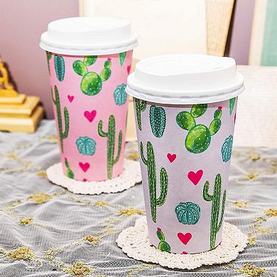 48x Cute Cactus Insulated Disposable Paper Coffee Cups With Lids For ...