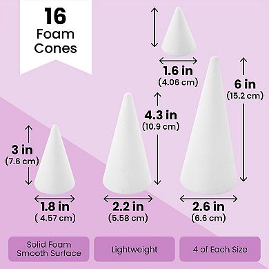 White Foam Cones For Crafts, 4 Assorted Sizes (2.2-6 In, 16 Pack)
