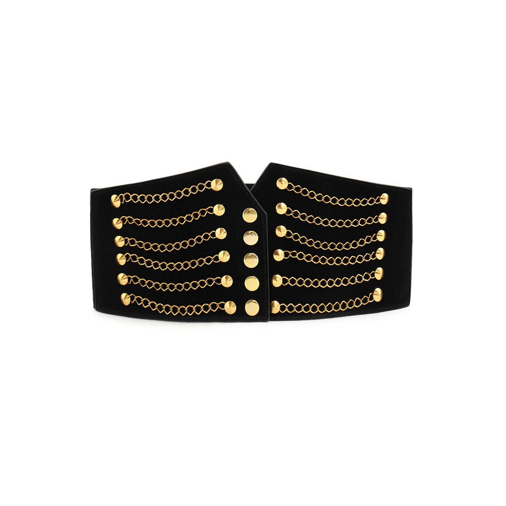 Women Ultra Wide Elastic Pu High Waist Belt Rivet Chains Cinch ...
