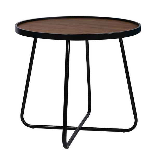 Lei 24 Inch Side End Table, Round Top, Black Metal Cross Base, Walnut Brown
