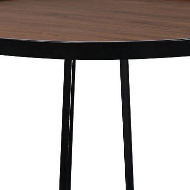 Lei 24 Inch Side End Table, Round Top, Black Metal Cross Base, Walnut Brown