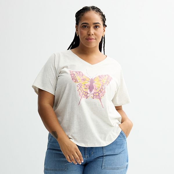 Plus Size Butterfly Print V-Neck Graphic Tee