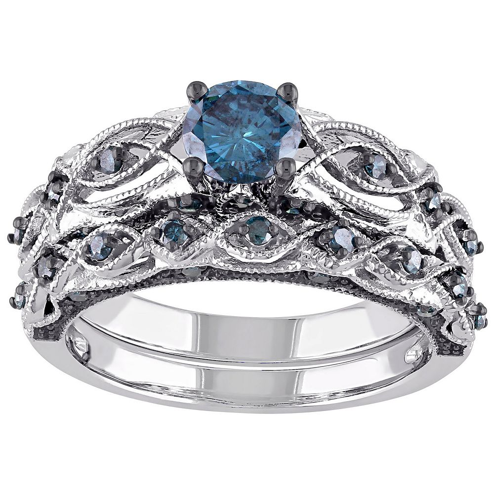Stella Grace 10k White Gold 1 Carat T.W Blue Diamond Bridal Ring Set