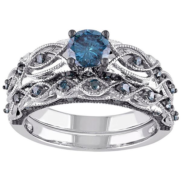 Stella Grace 10k White Gold 1 Carat T.W Blue Diamond Bridal Ring Set