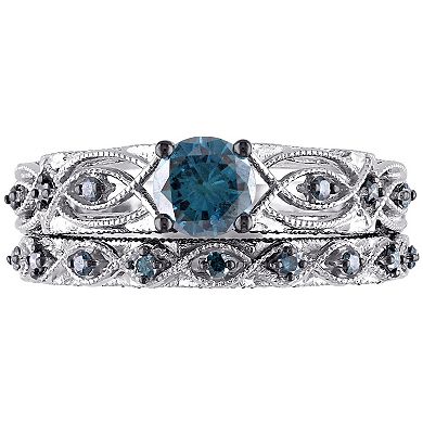 Stella Grace 10k White Gold 1 Carat T.W Blue Diamond Bridal Ring Set