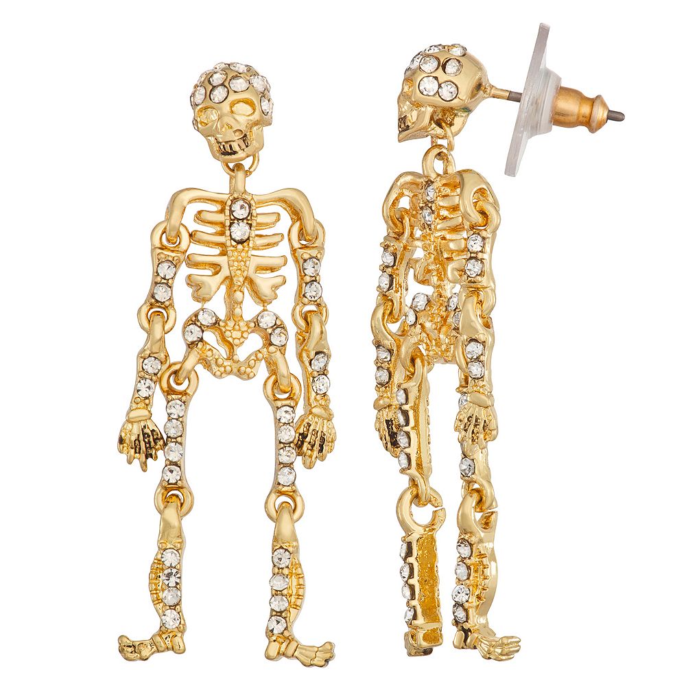 Napier Gold Tone Crystal Trick or Treat Skeleton Drop Earrings