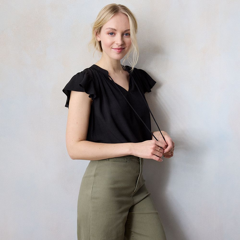 Women's LC Lauren Conrad Tie Front Ruffled V-Neck Shell