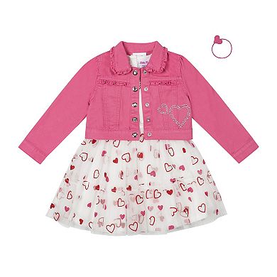 Toddler Girl Little Lass 3-pc. Hearts Dress, Jacket & Hair Accessory Set