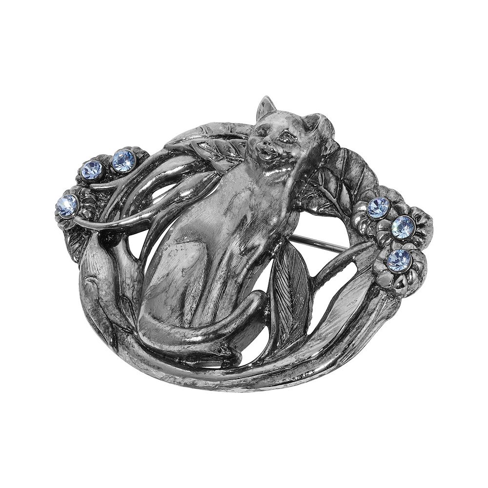 1928 Silver Tone Blue Crystal Cat Pin