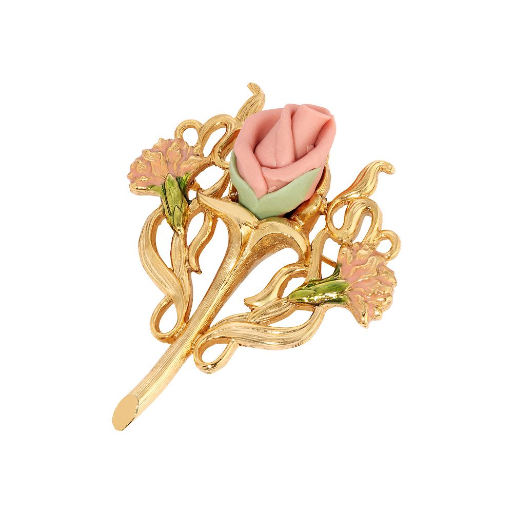 1928 Gold Tone Pink & Green Porcelain Rose Pin