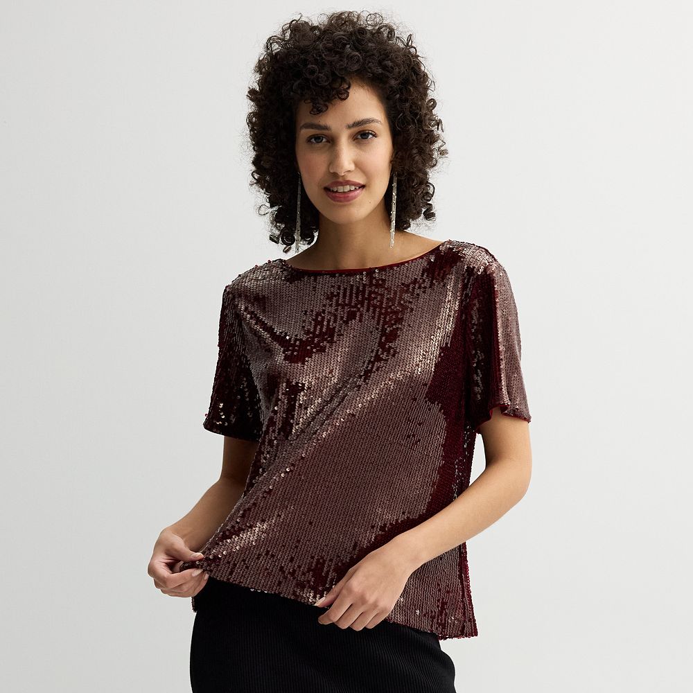Women's Nine West Short Sleeve Sequin Mesh Party Top