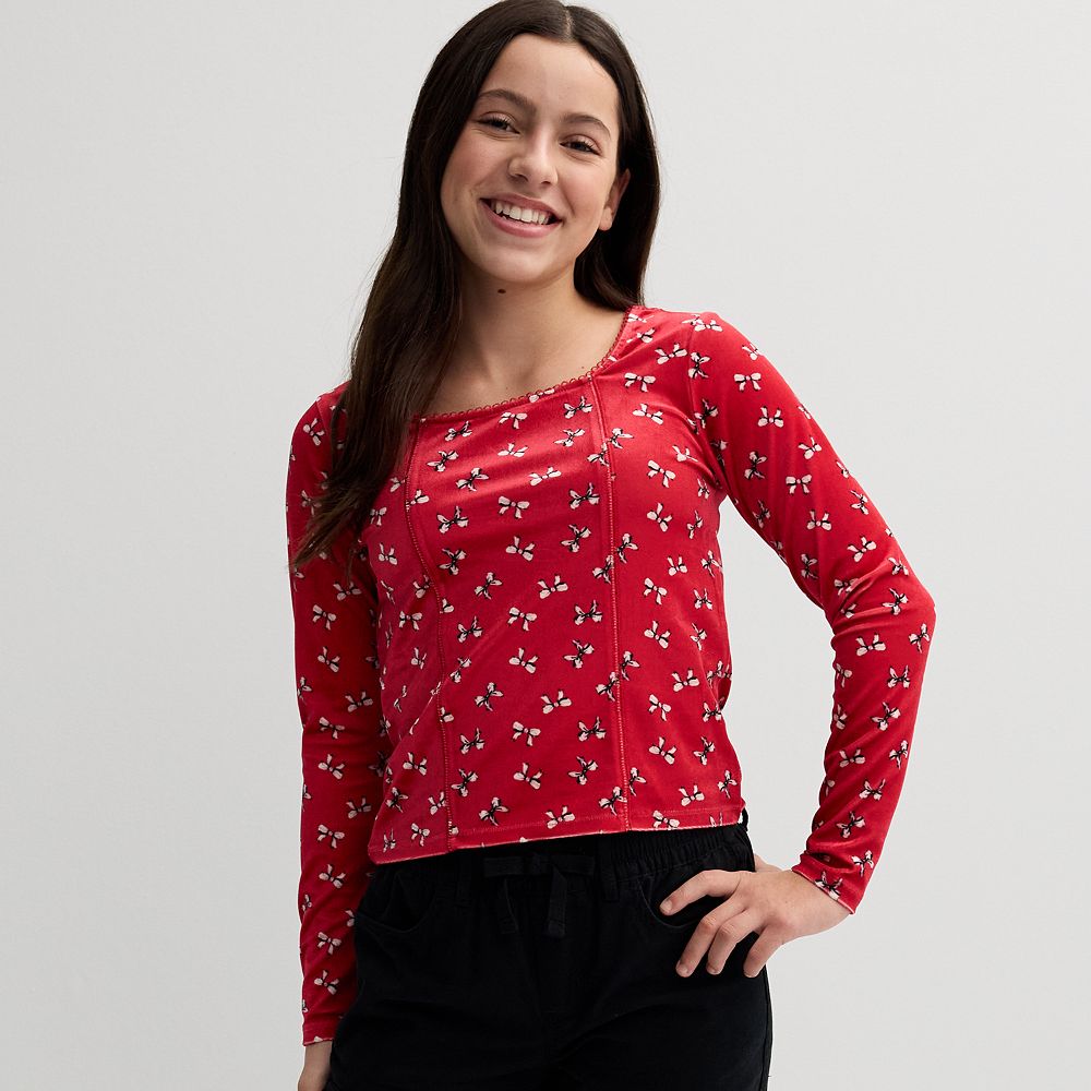 Girls 4-16 Self Esteem Long Sleeve Square Neck Top
